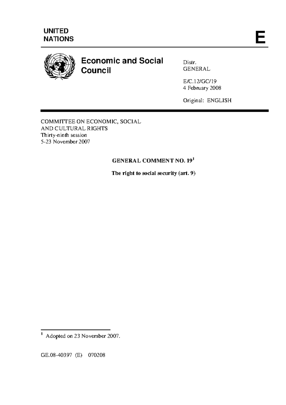Cescr General Comment 19 - GE-40397 (E) 070208 UNITED NATIONS E ...