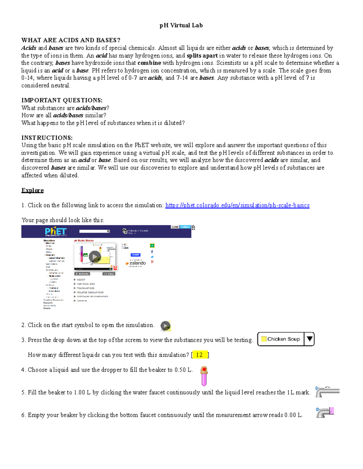 Copy of p H Virtual Lab - Honors Chemistry Assignment - pH Virtual Lab ...