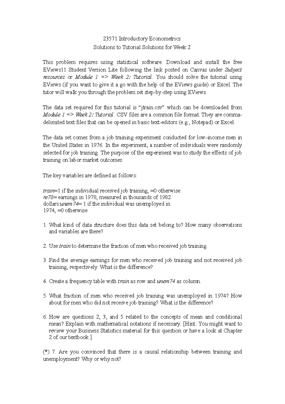 Tutorial solutions week 2 new - 23571 Introductory Econometrics Solutions to Tutorial Solutions ...