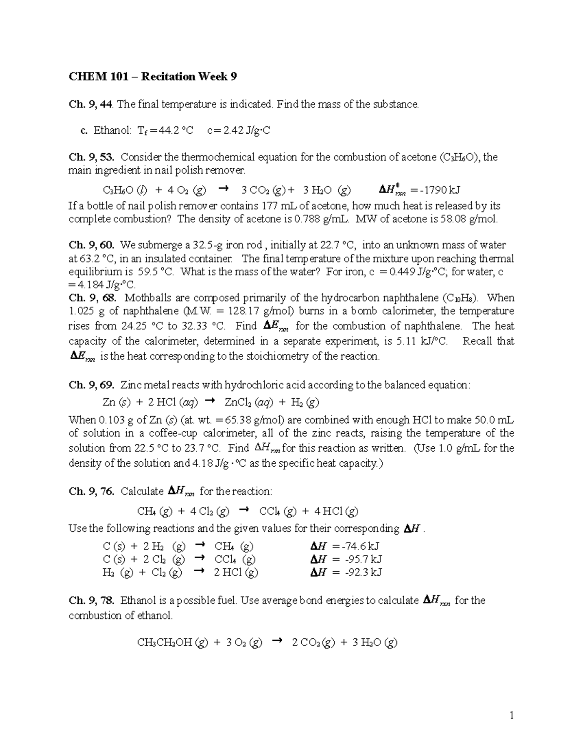 CHEM 101 Recitation Week 9 - CHEM 101 – Recitation Week 9 Ch. 9, 44 ...