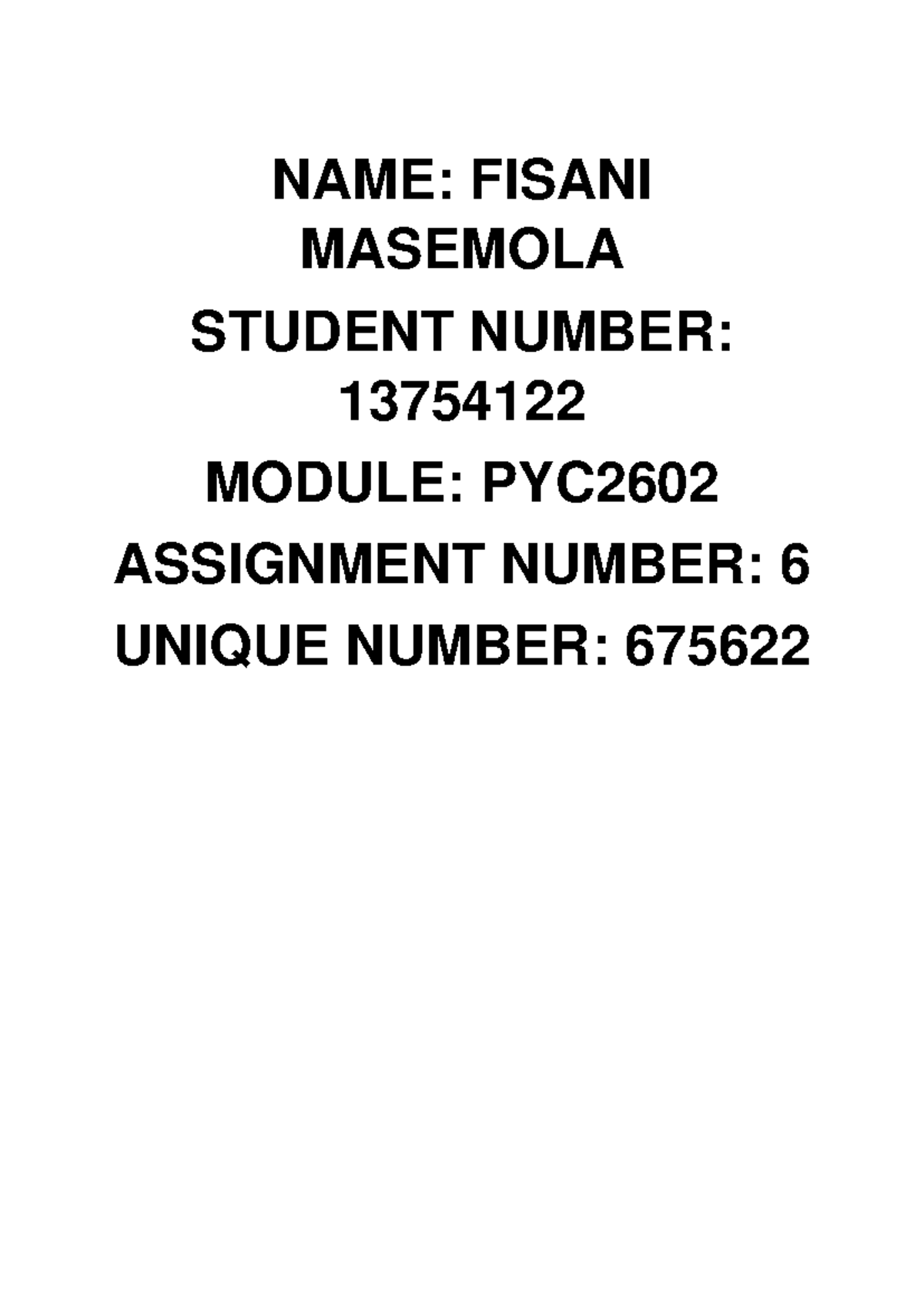 PYC2602 Portfolio OF Evidence - NAME: FISANI MASEMOLA STUDENT NUMBER ...