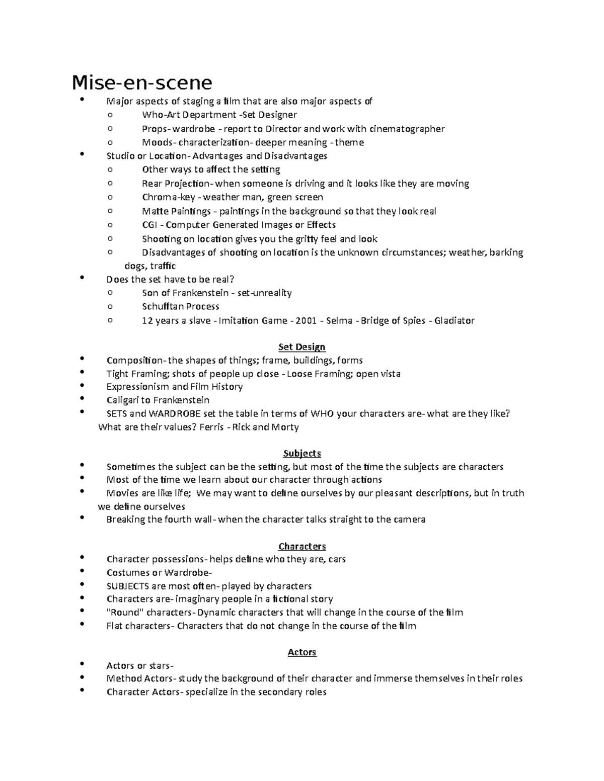 Mise-en-scene - Lecture notes 3 - Mise-en-scene Major aspects of ...