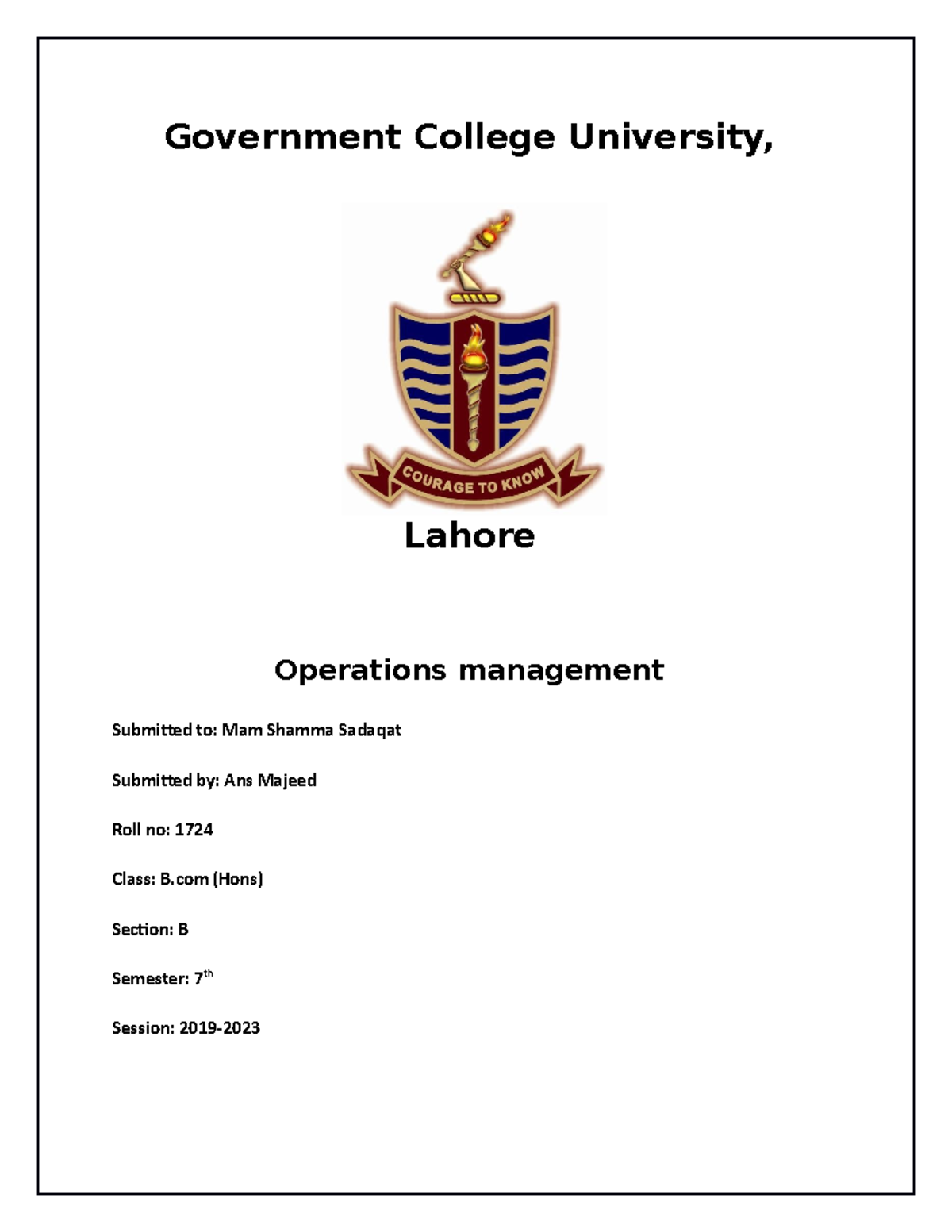 Assignment - Notes - Government College University, Lahore Operations ...