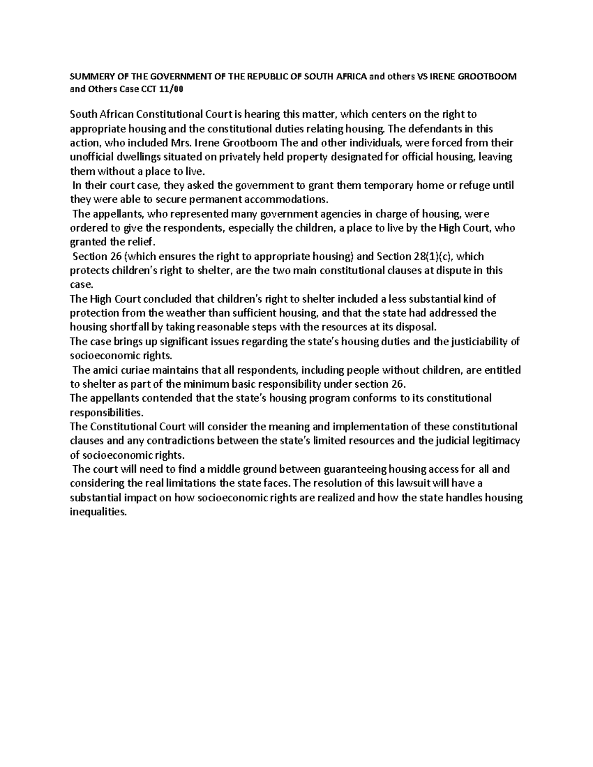 Summery OF THE Government OF THE Republic OF South Africa and others VS ...