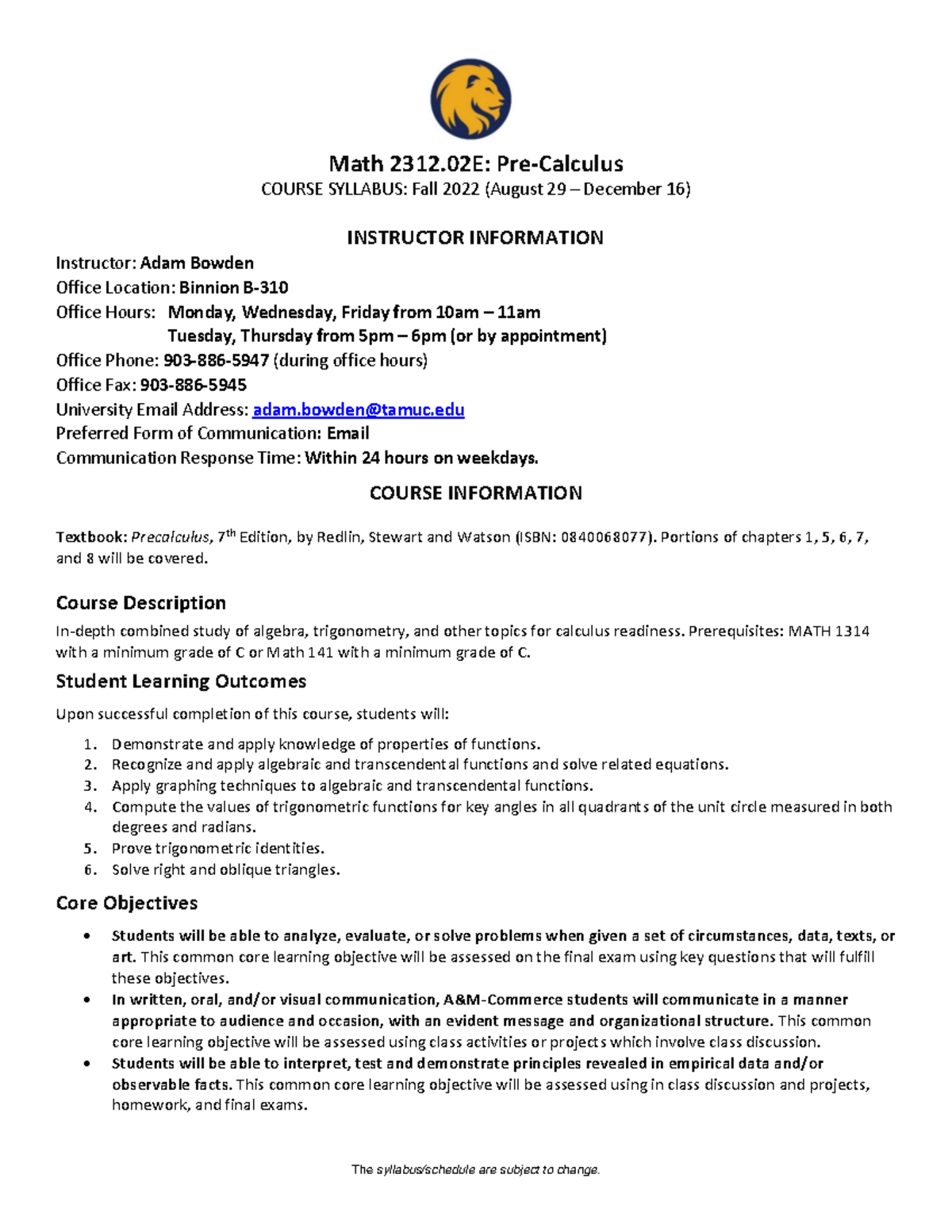 82649 - homework assignment - Math 2312: Pre-Calculus COURSE SYLLABUS ...