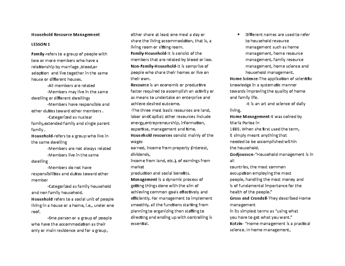 HRM - Reviewer - Household Resource Management LESSON 1 Family-refers ...