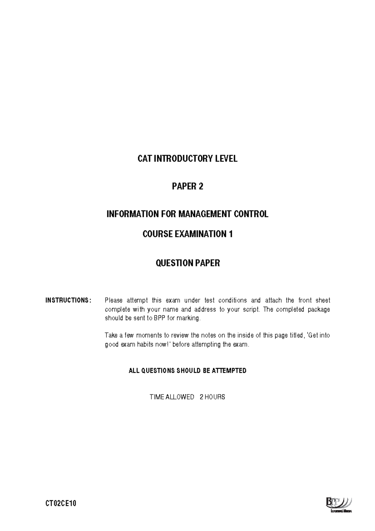 CE CT2 001 - Business Accounting - CT02CE CAT INTRODUCTORY LEVEL PAPER 2 INFORMATION FOR ...