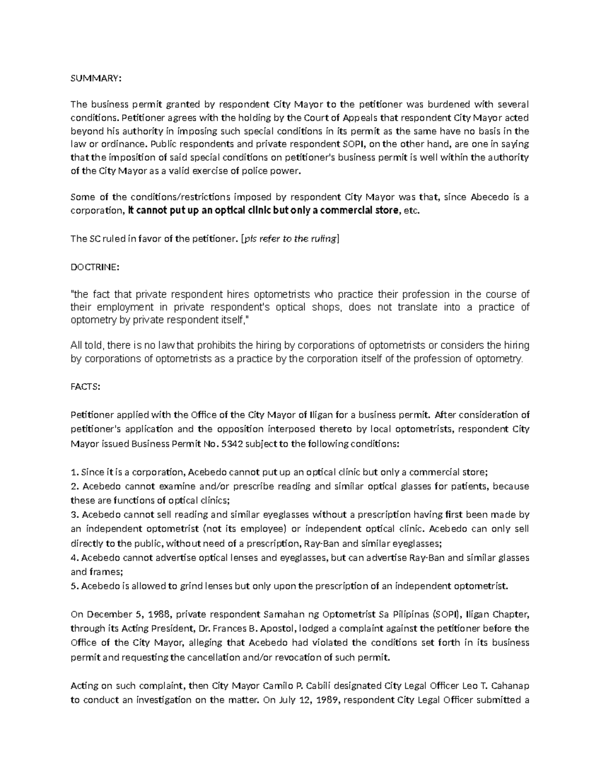Acebedo v. CA Digest - SUMMARY: The business permit granted by ...