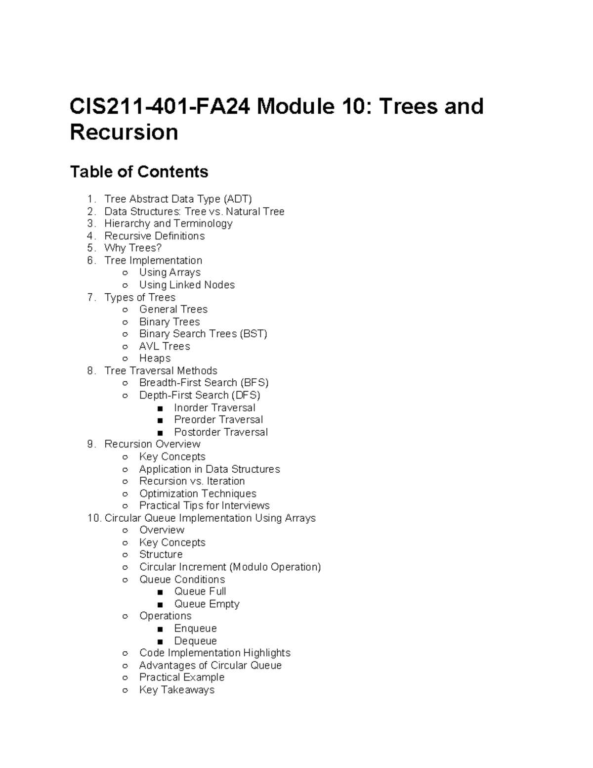 CIS211-401-FA24 Module 10 Trees and Recursion Comprehensive Notes ...