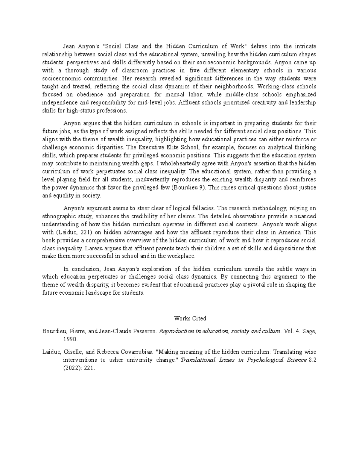 Disscusion 10 - jim - Jean Anyon's "Social Class and the Hidden ...