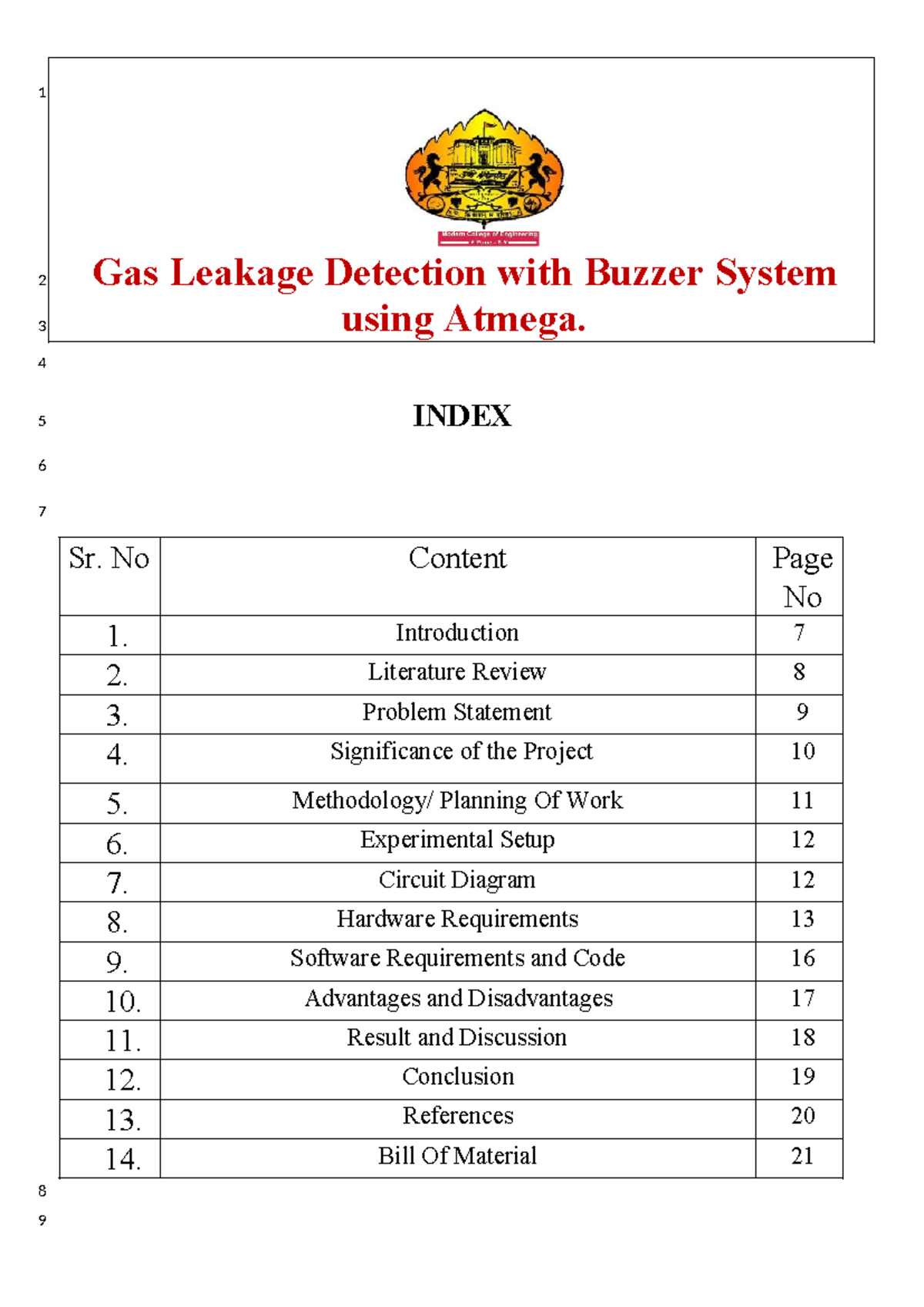Gas Leakage Detection With Buzzer System Using Atmega 1 Chnges Index Sr No Content Page No 1