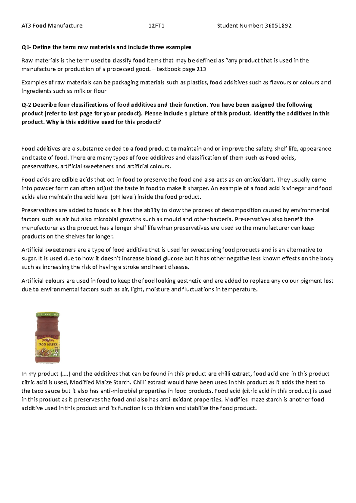 AT3 Food Manufacturing - Q1- Define the term raw materials and include ...