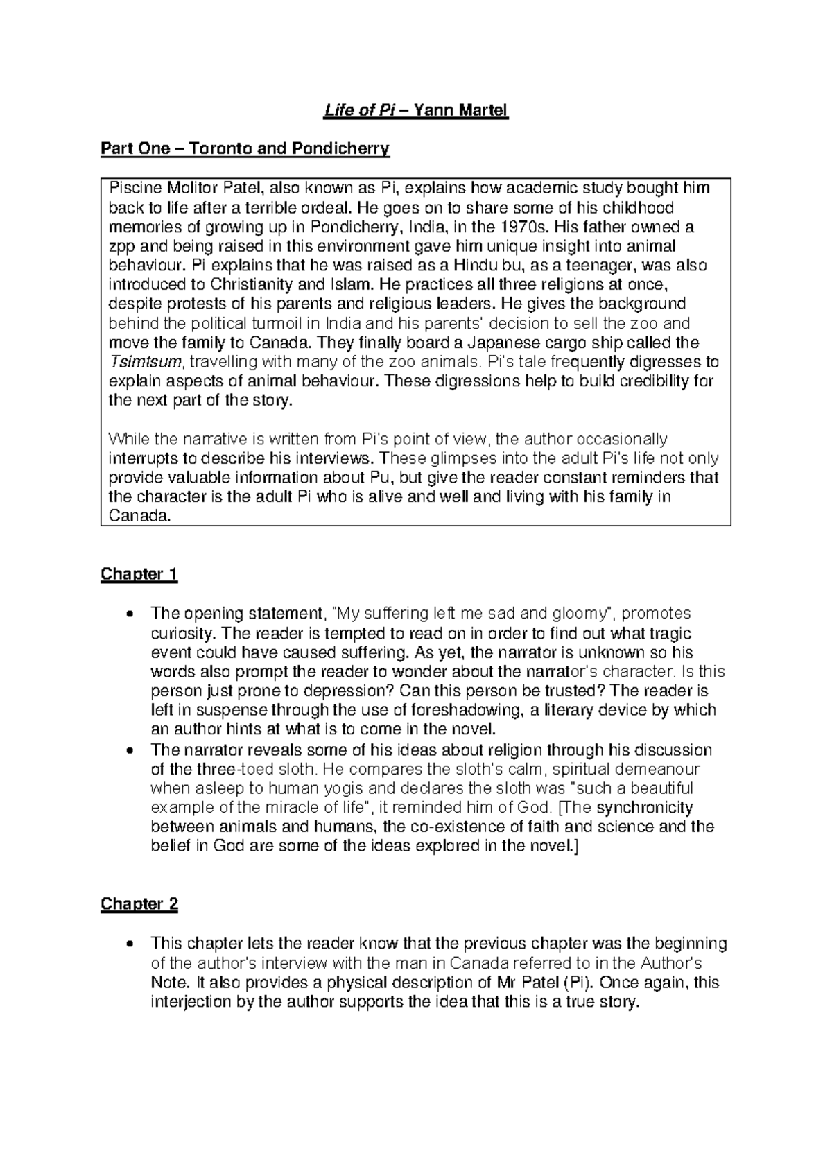 10. Life of Pi - Chapters 1-9 Notes - Life of Pi – Yann Martel Part One ...