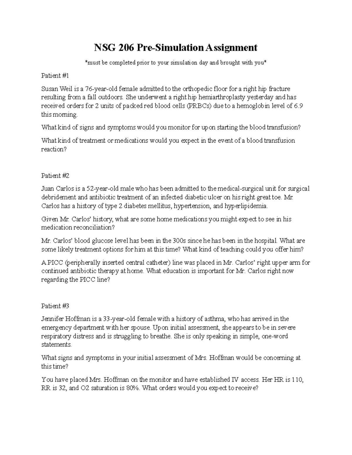 NSG 206 prework - Pre simulation work - NSG 206 Pre-Simulation Assignment must be completed ...