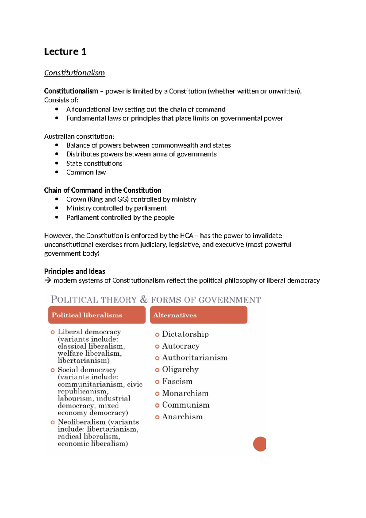 Lecture 1 notes - Lecture 1 Constitutionalism Constitutionalism – power ...