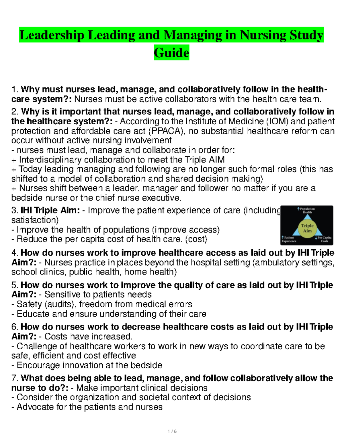 Leadership Leading and Managing in Nursing Study Guide - g quality and ...
