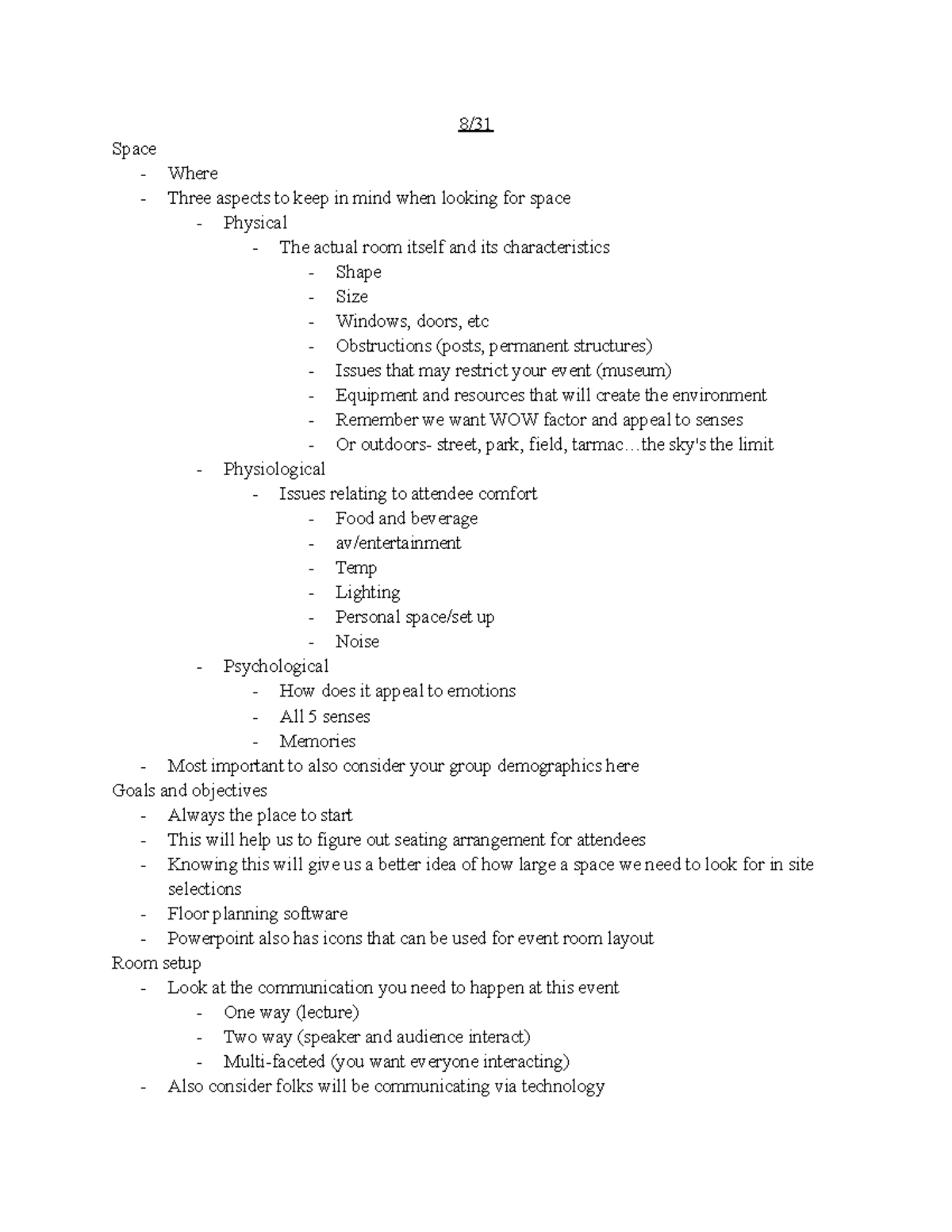 HTM 3424 Notes pt. 2 - Comm Major - 8/ Space - Where - Three aspects to ...