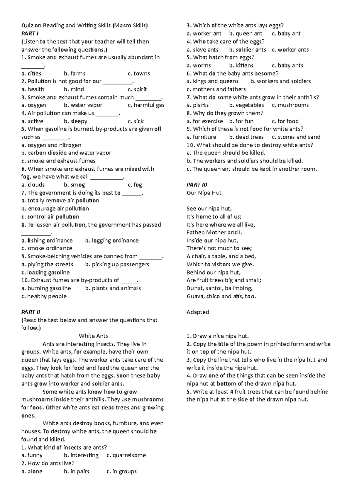 1 Quiz on Macro Skills - Quiz on Reading and Writing Skills (Macro ...