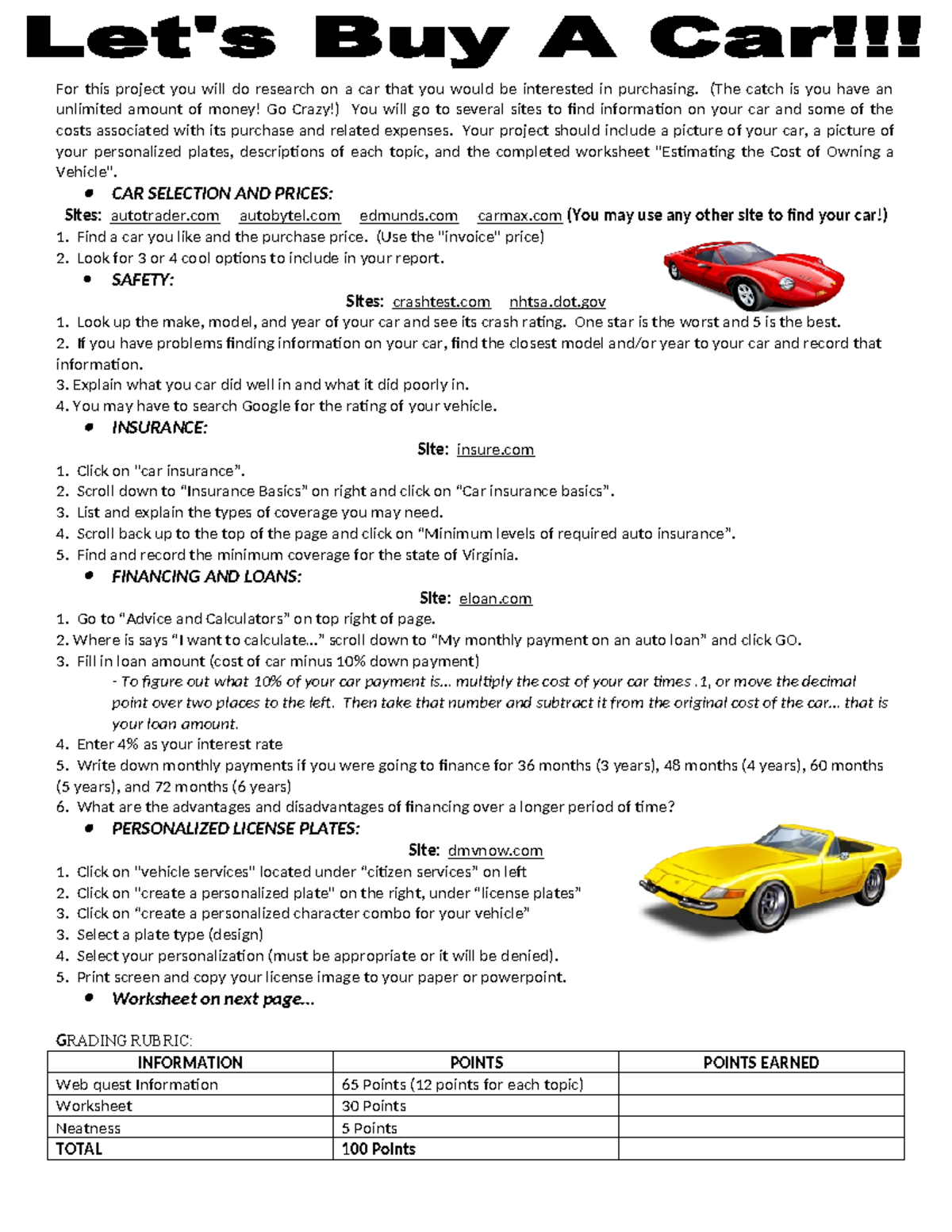 Driver Education CAR Buying Project - For this project you will do ...