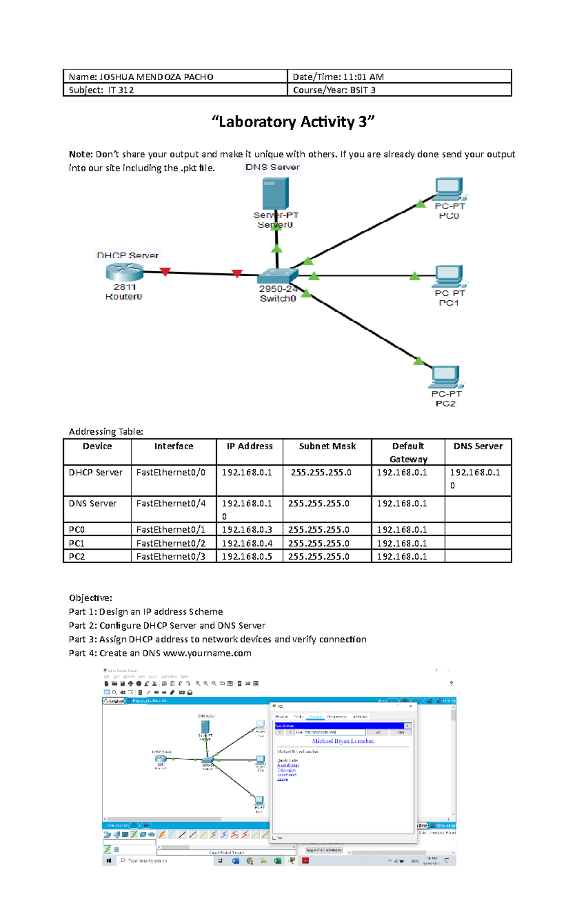 Lab Ex 3 DHCP DNS Networking Answer Sheet - Name: JOSHUA MENDOZA PACHO Date/Time: 11:01 AM ...