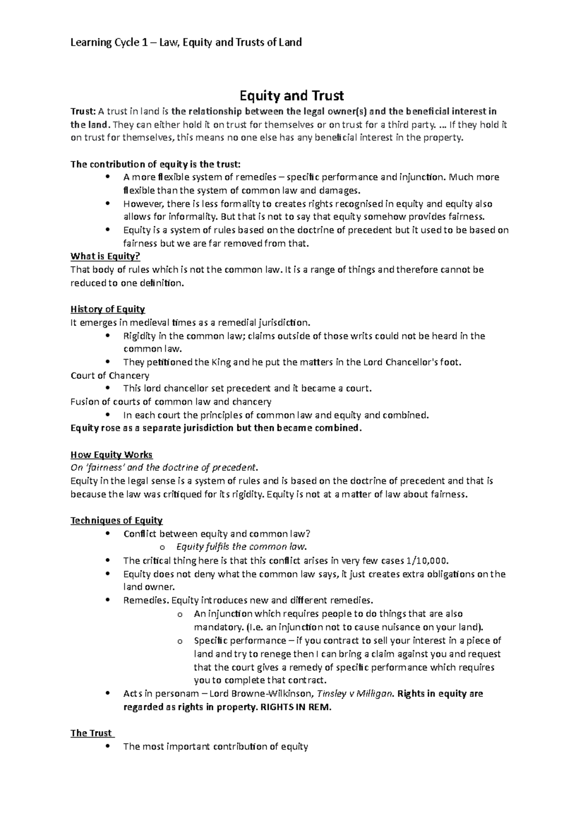 Equity and Trust - Equity and Trust Trust: A trust in land is the ...