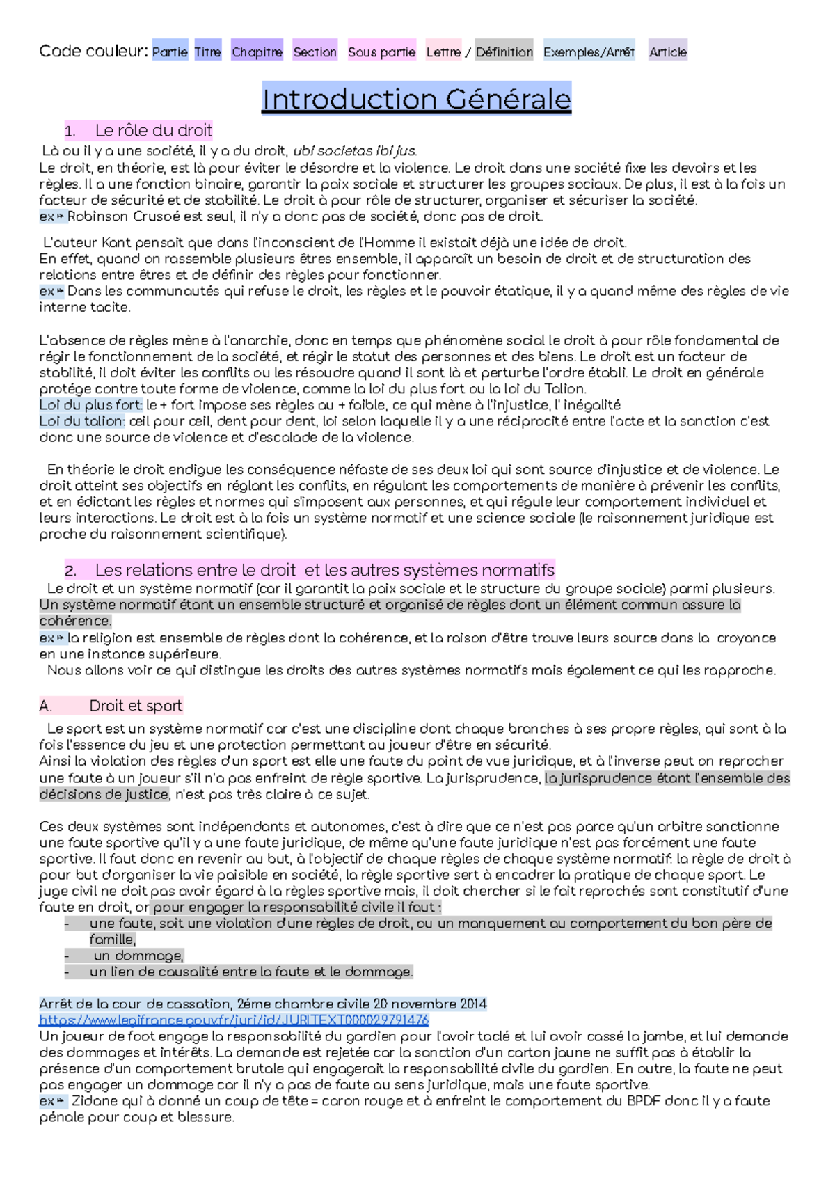 Cour intro droit S1 - Code couleur: Partie Titre Chapitre Section Sous ...