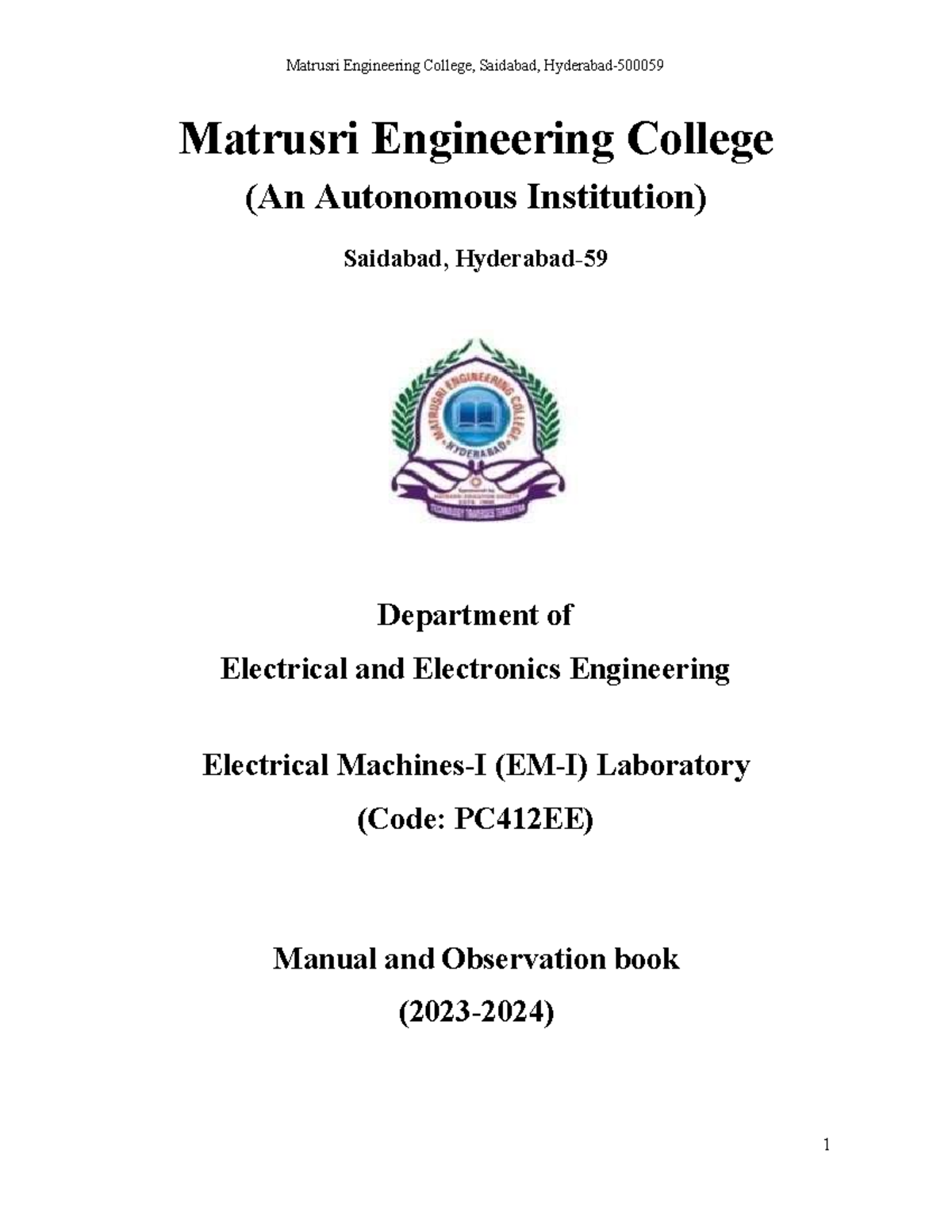 EM-1 Lab 2023-24 - Ssss - Matrusri Engineering College (An Autonomous ...
