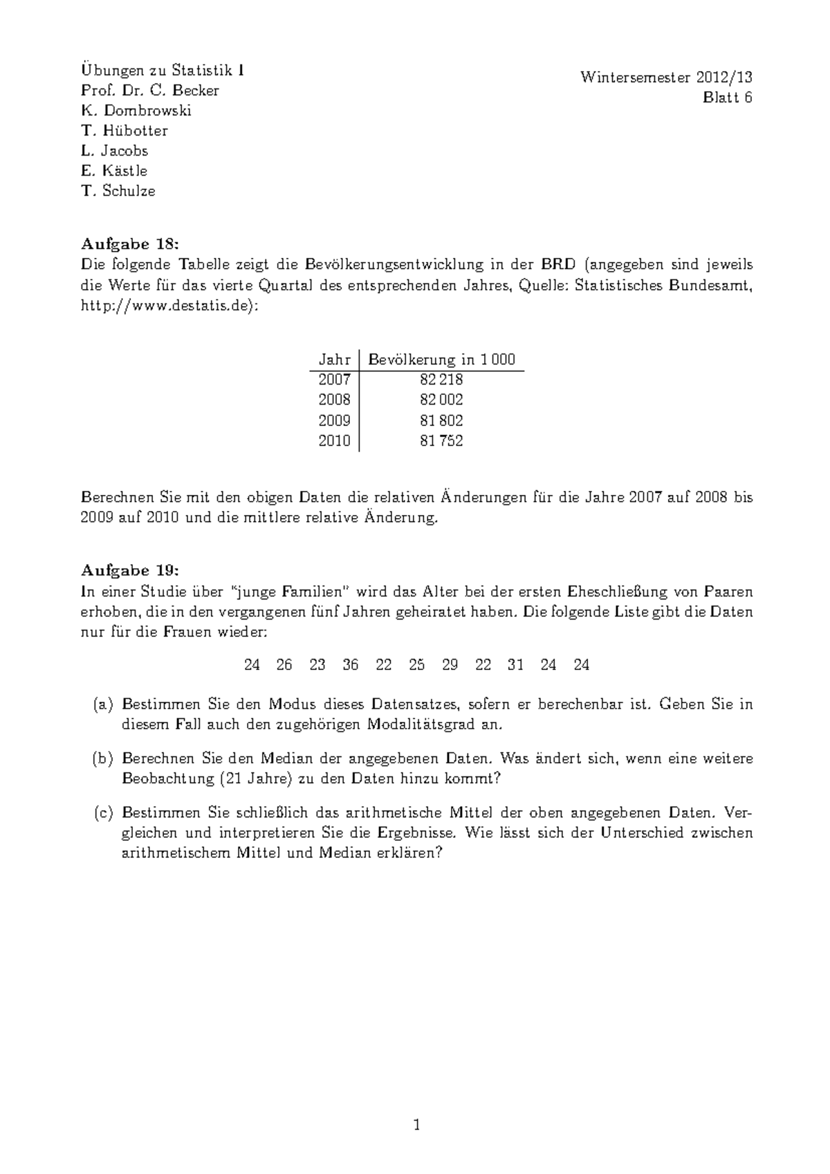 Klausur 2013, Aufgaben und Lösungen - Übungsblatt 6 - Ubungen zu Statistik I ̈ Prof. Dr. C ...