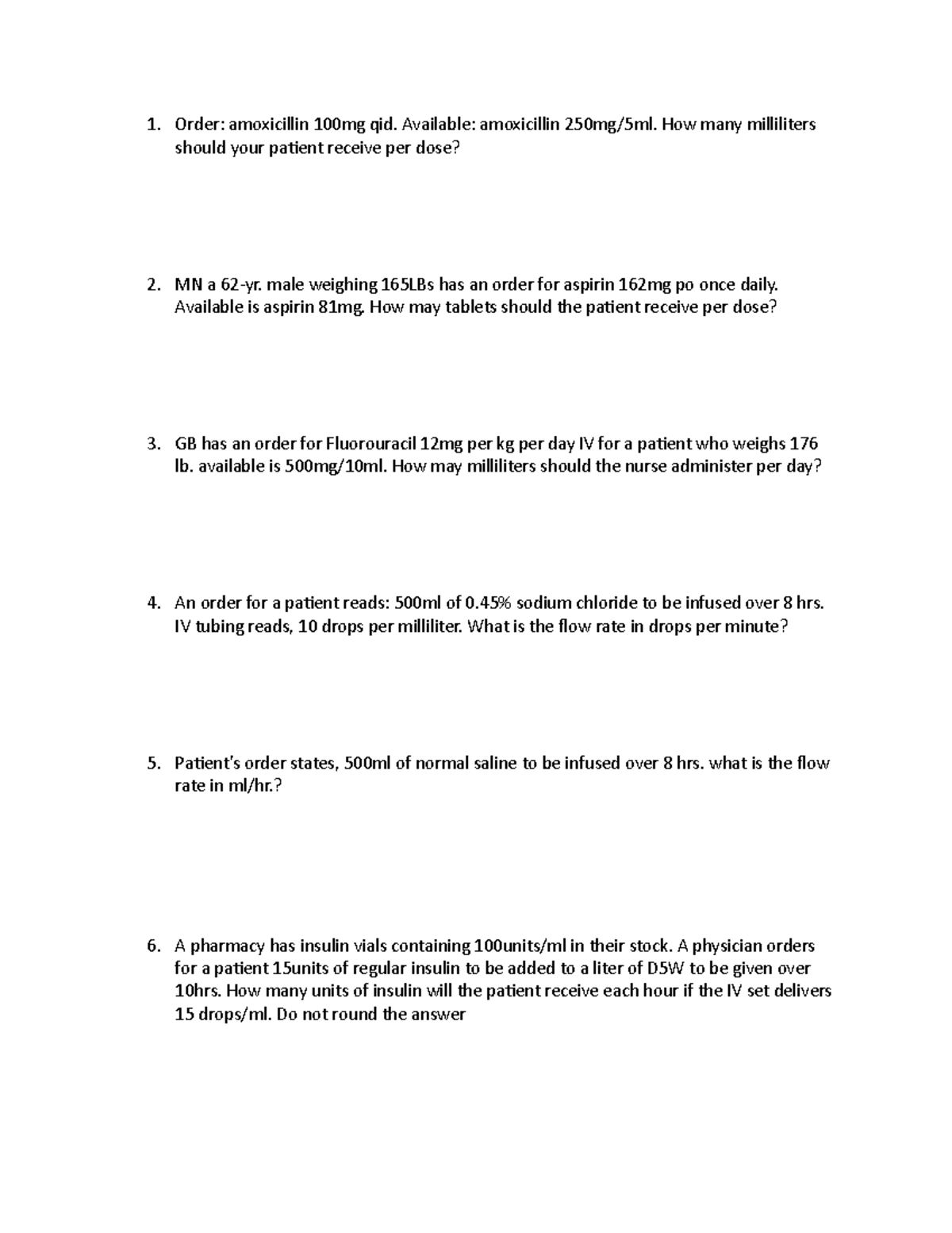 Med Math Worksheet - ..... - Order: amoxicillin 100mg qid. Available ...