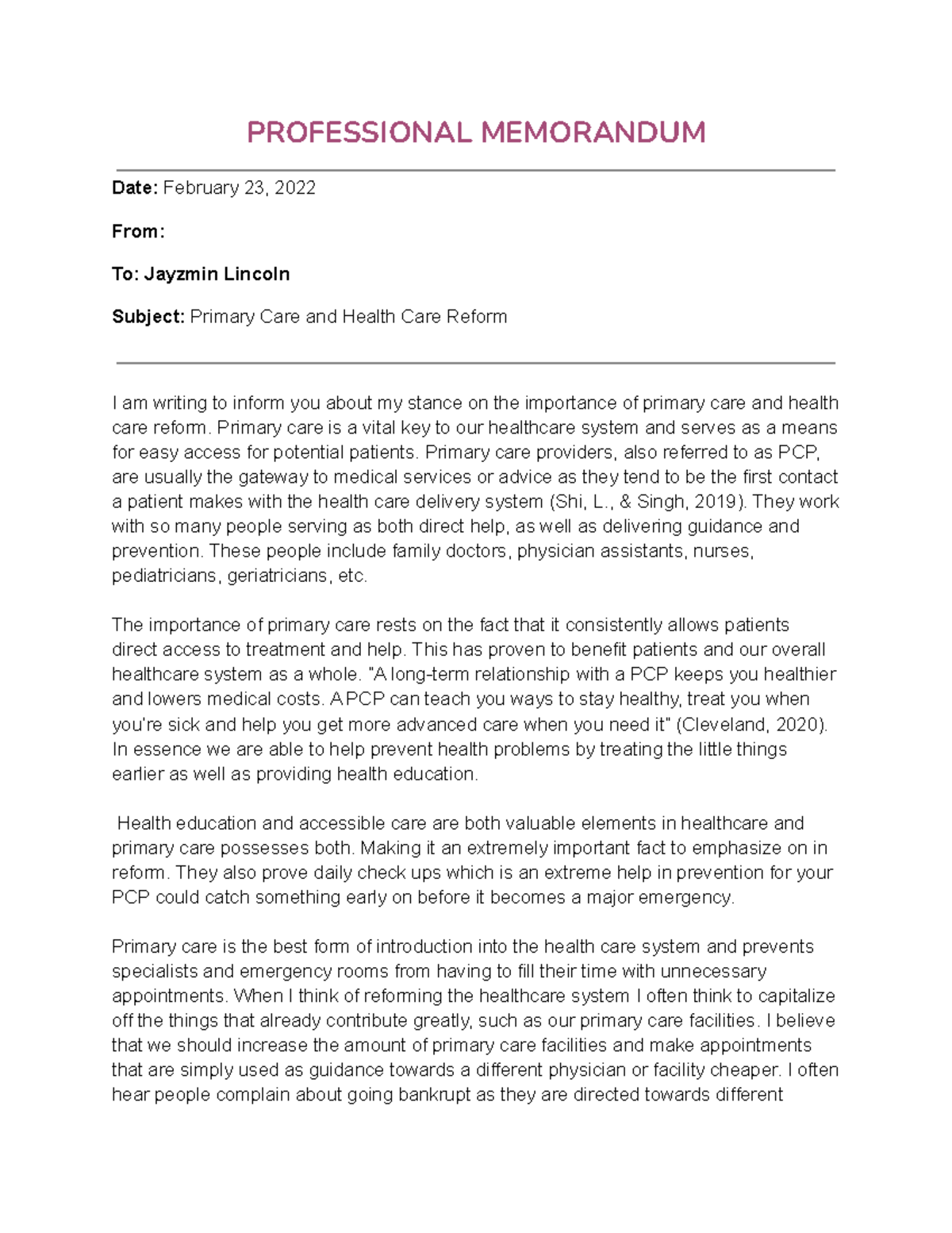 HCA memo - Big end of the year project - PROFESSIONAL MEMORANDUM Date ...