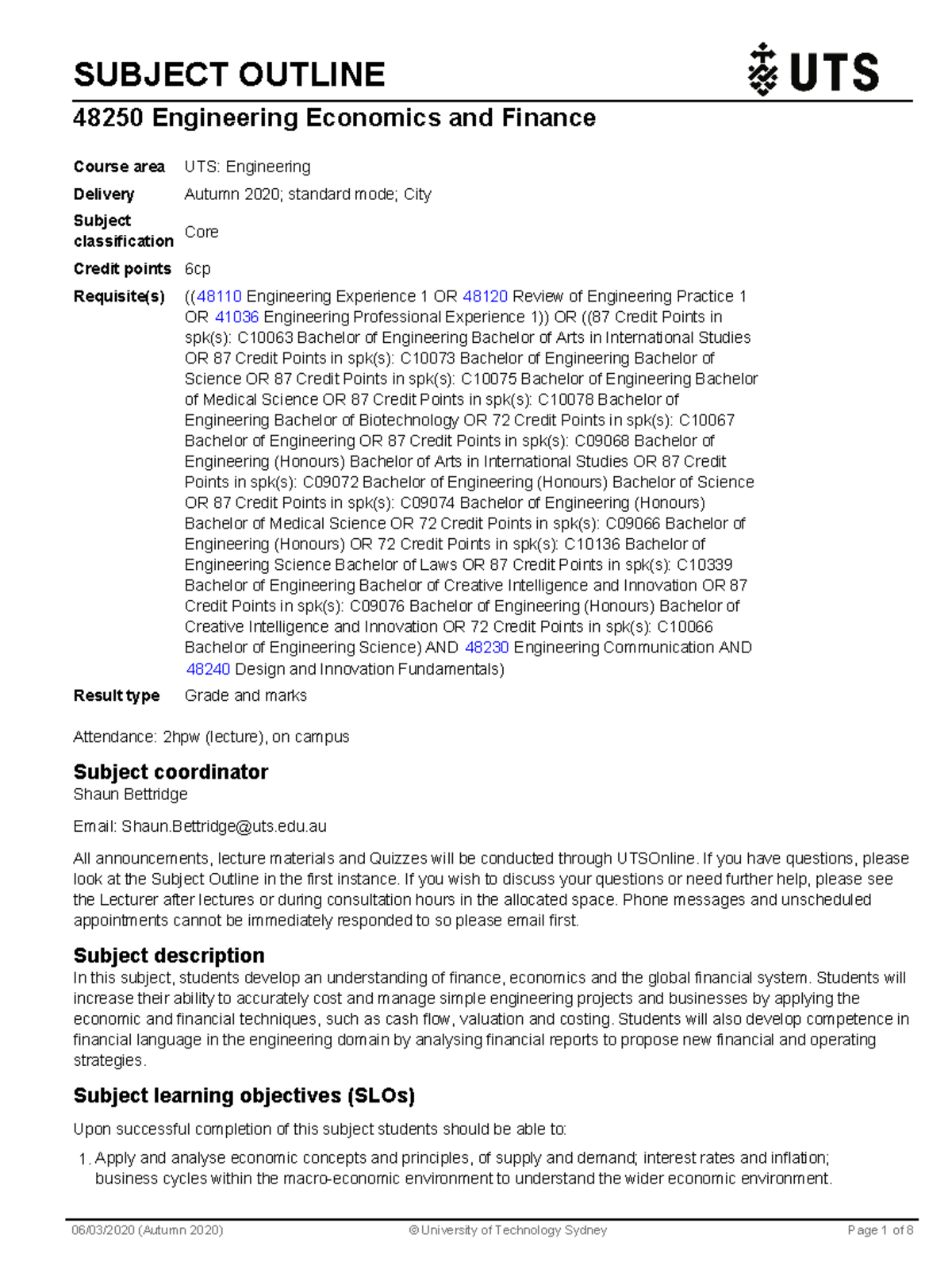 Engineering Economic Finance Subject Outline 2020 - SUBJECT OUTLINE ...