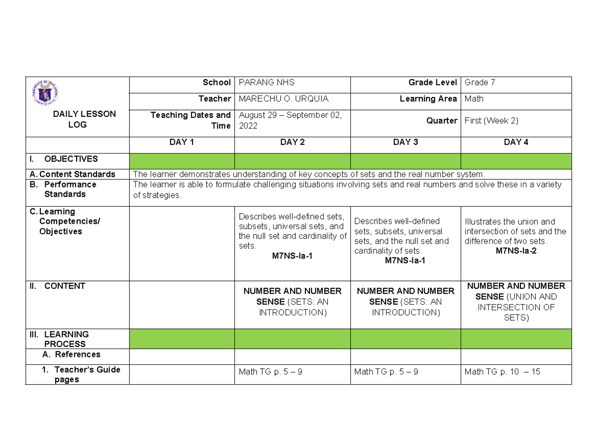 WEEK 1 - math 7 daily lesson log - DAILY LESSON LOG School PARANG NHS ...