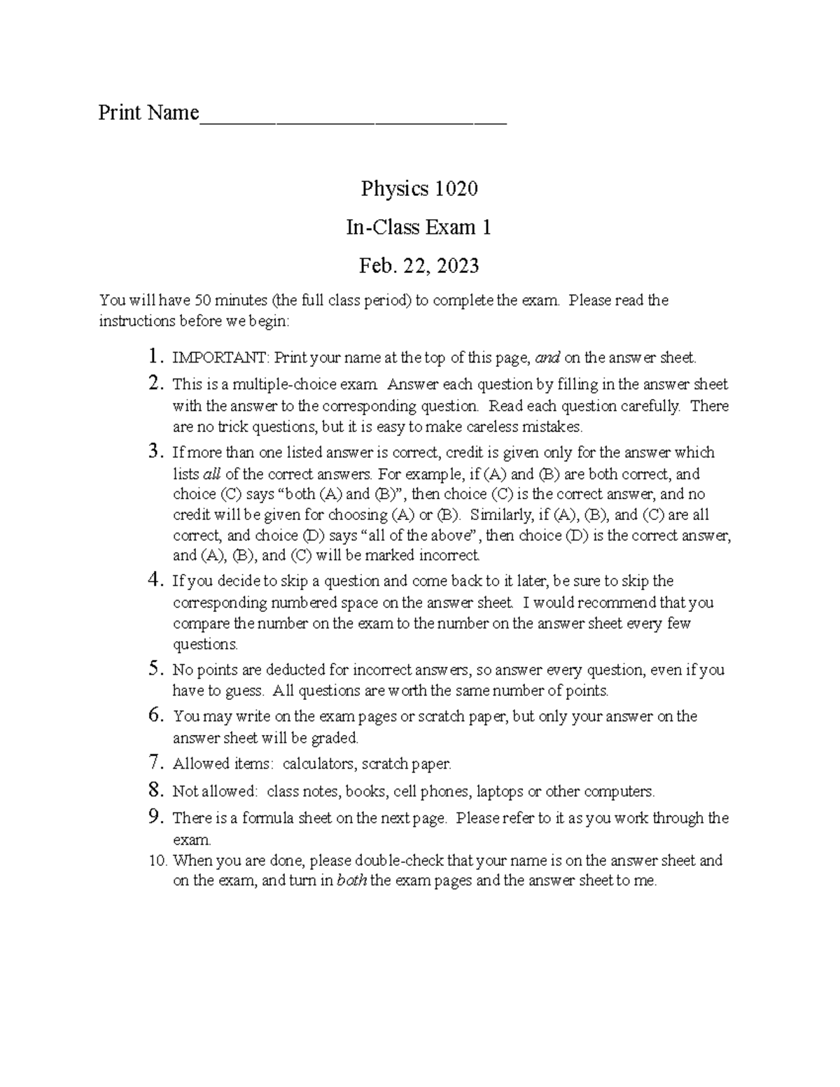 Instructions and formula sheet for exam - Print Name ...