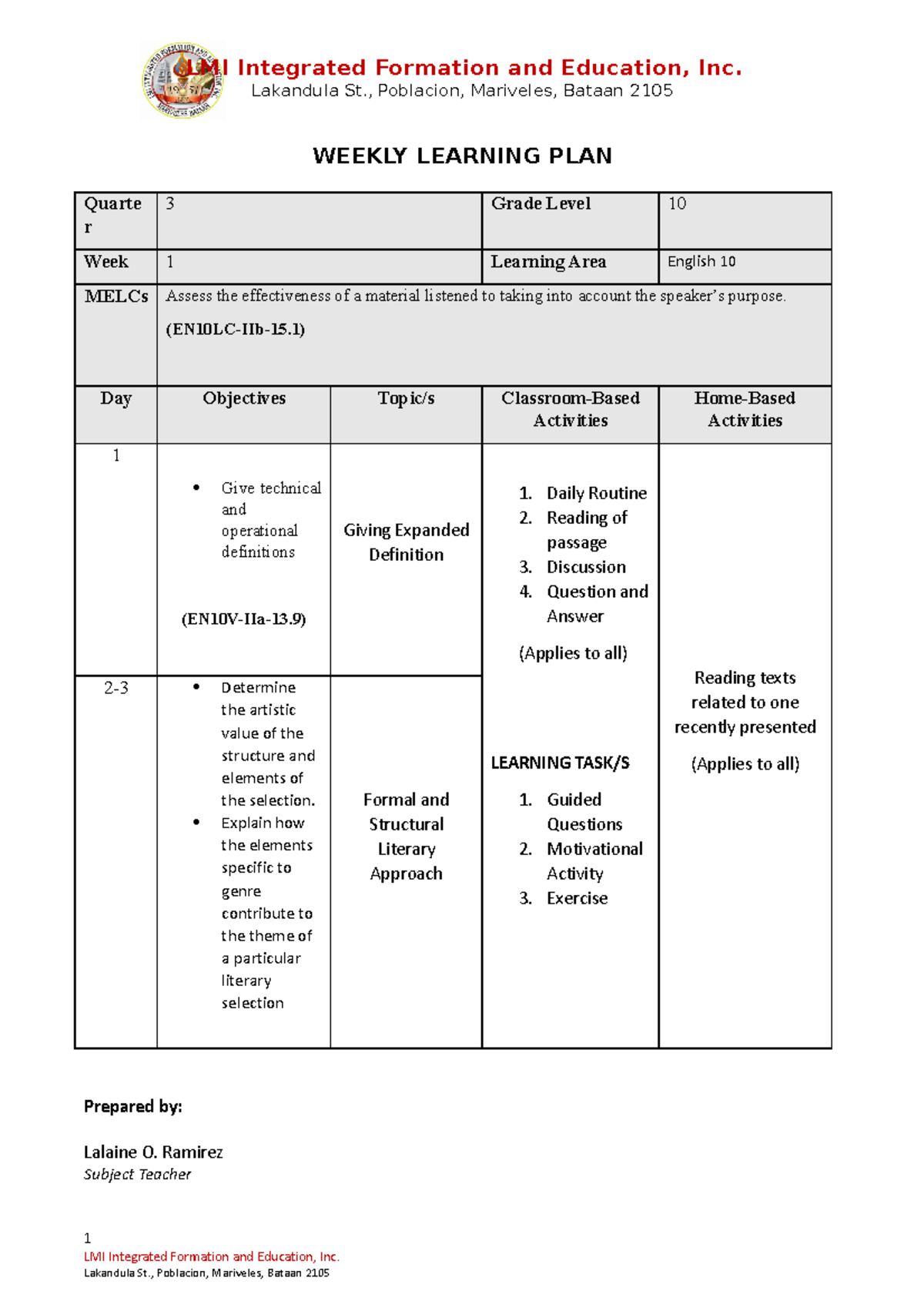 WLP-Q3- ENG 10 - LEARNING PLAN - LMI Integrated Formation and Education ...