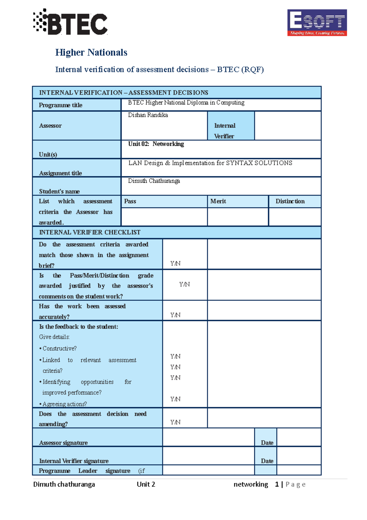 Network assignment - Higher Nationals Internal verification of ...