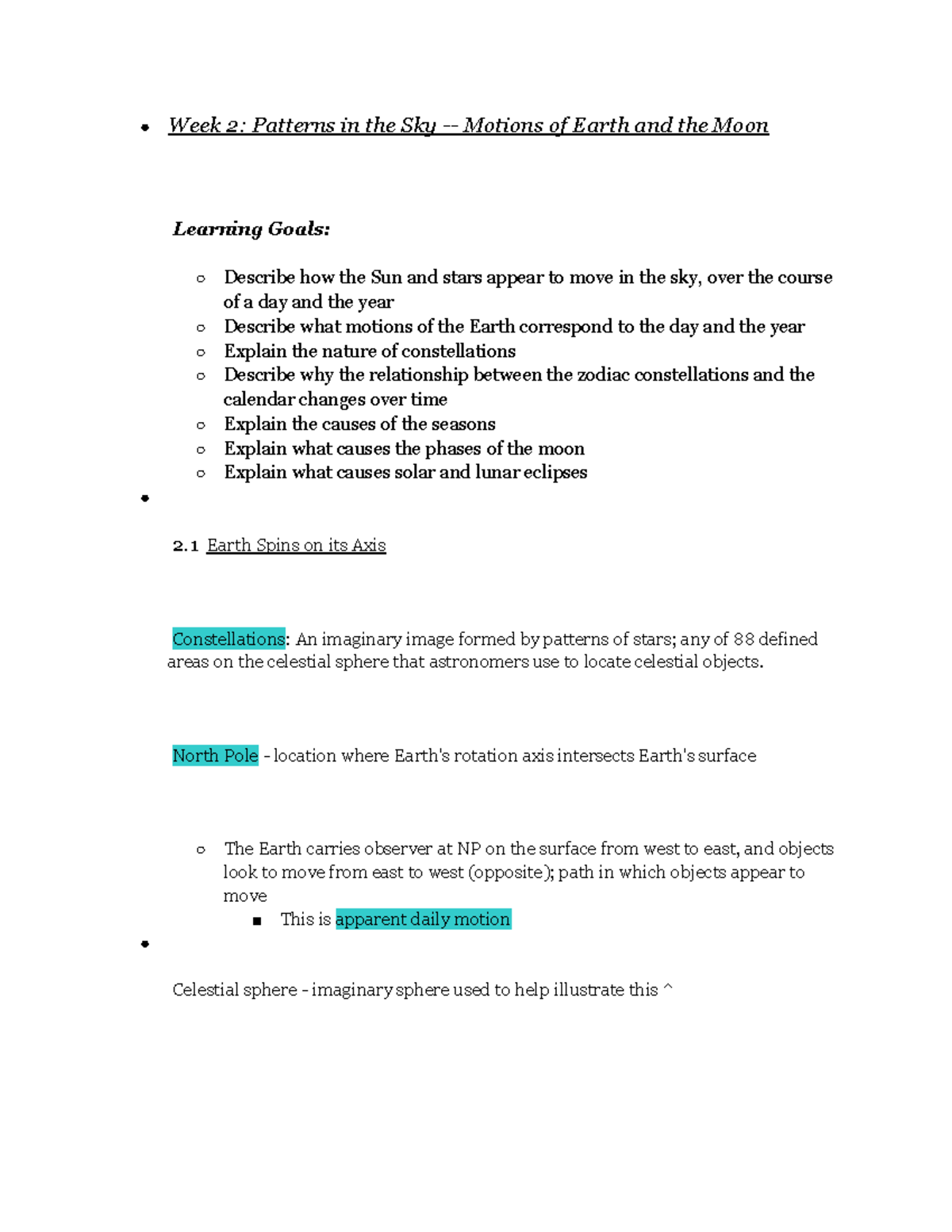 Week 2 Patterns in the Sky - Motions of Earth and the Moon - North Pole ...