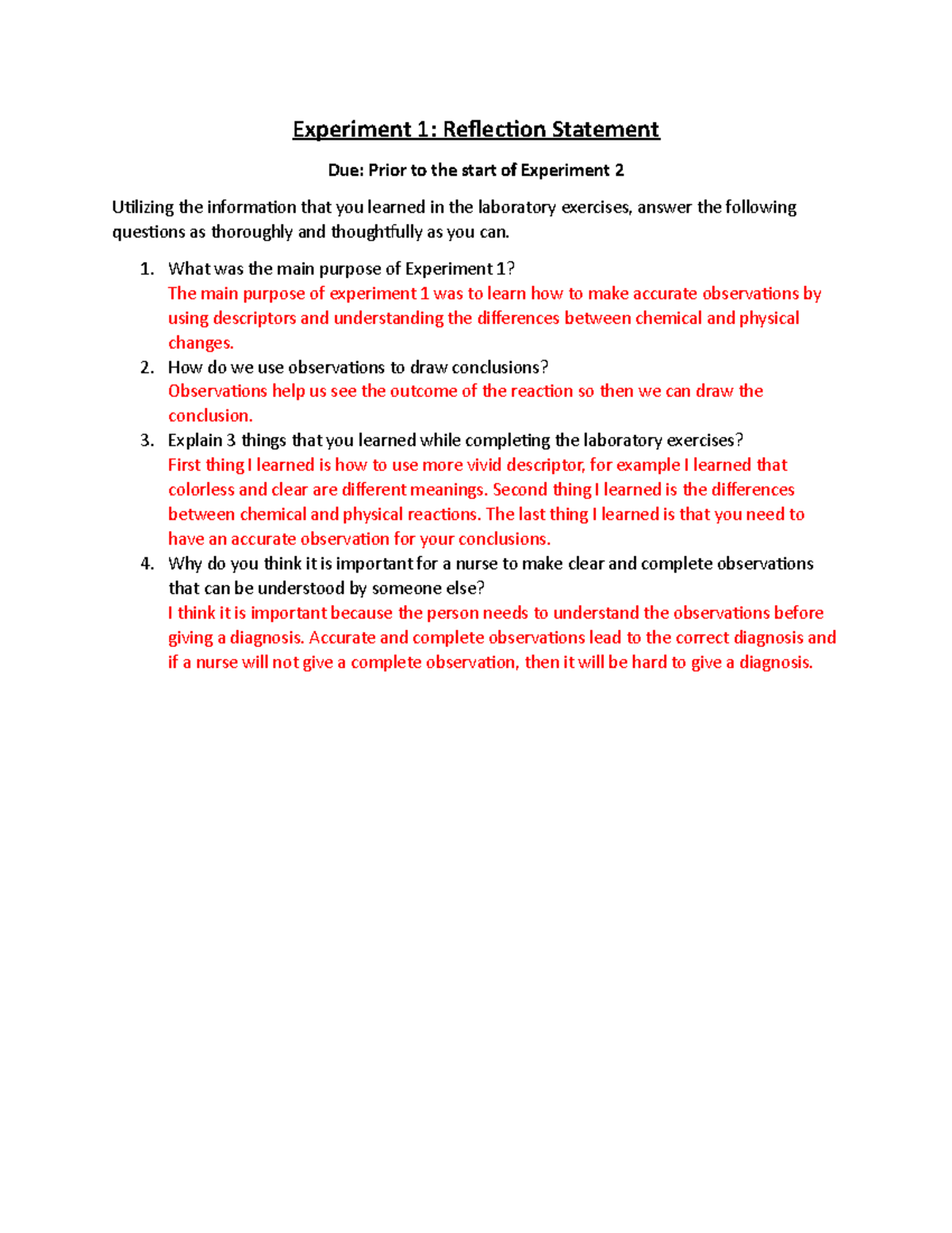 Experiment 1 Reflection Statement - Experiment 1: Reflection Statement ...