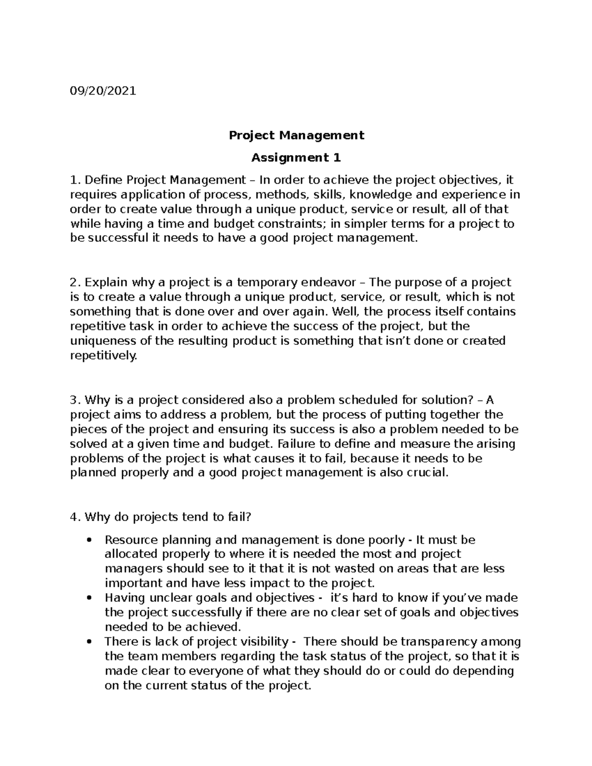 OM 411 Assignment 1 - Chapter 1 of project management - 09/20/ Project ...