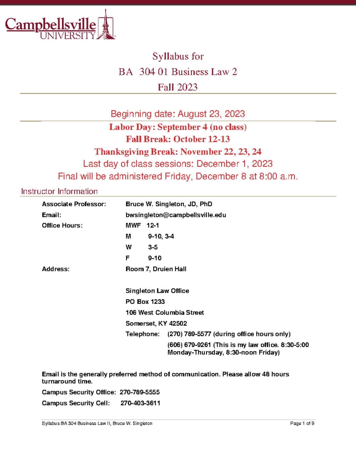 BA 304 01 syllabus Fall 2023 pdf - Syllabus for BA 304 01 Business Law ...