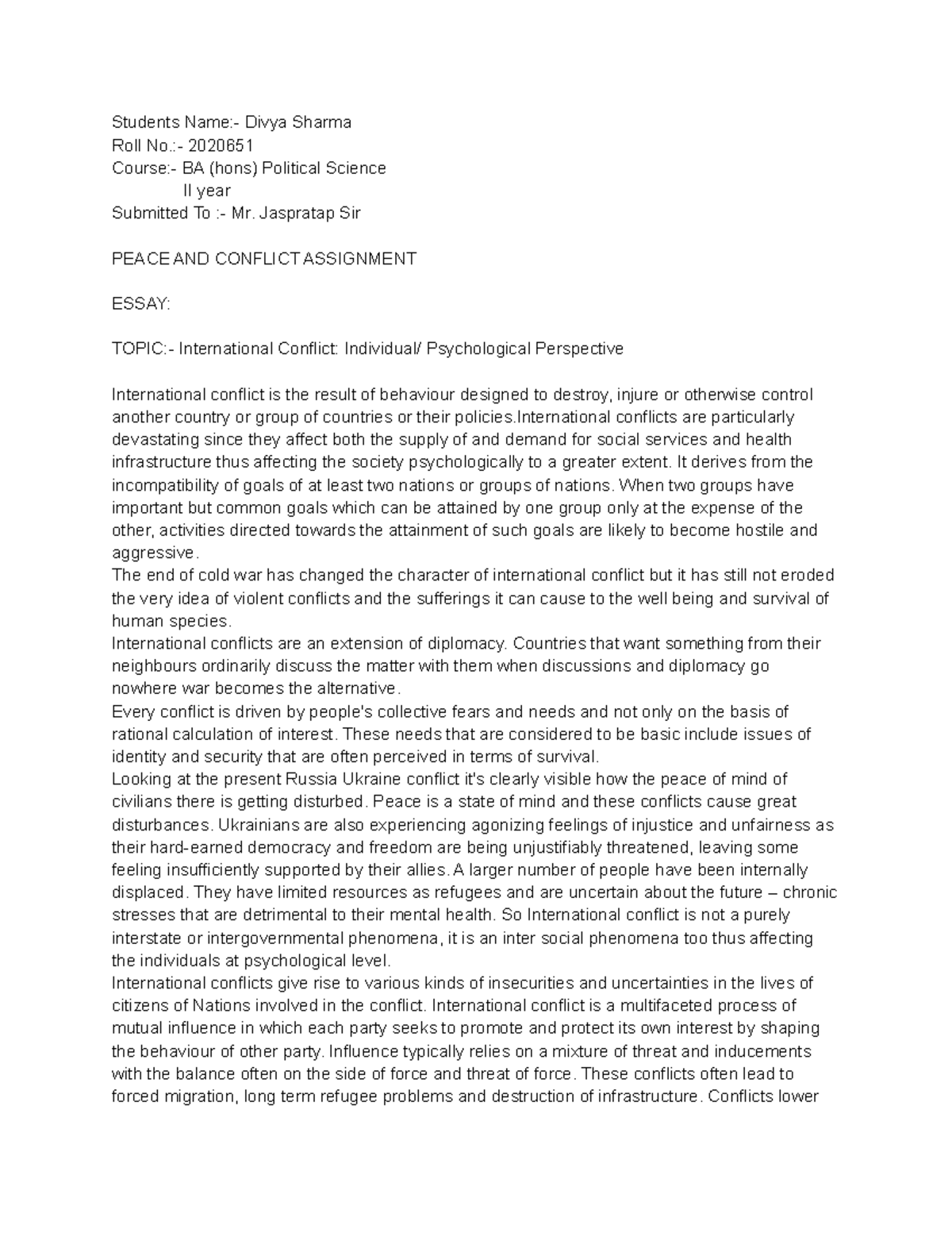 Assignment (peace and Conflict) - Students Name:- Divya Sharma Roll No ...