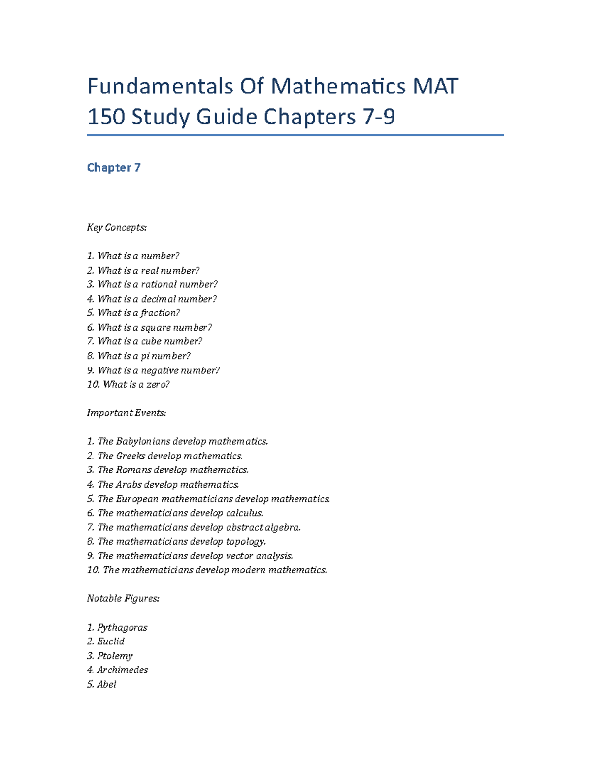 Fundamentals Of Mathematics MAT 150 Study Guide Chapters 7-9 - The ...