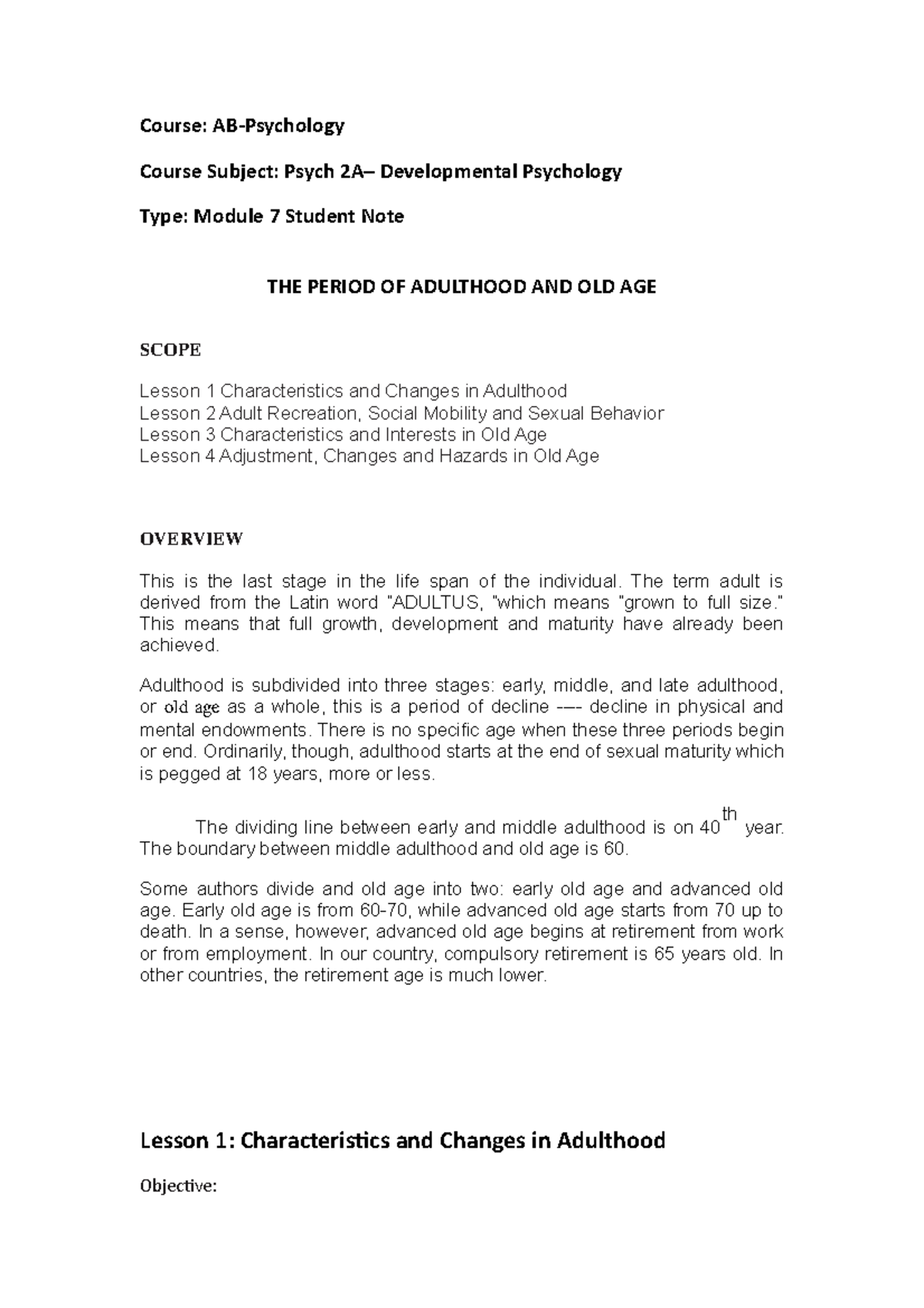 Psychology 2A - Module 7 The Period of Adulthood and Old Age - Course ...