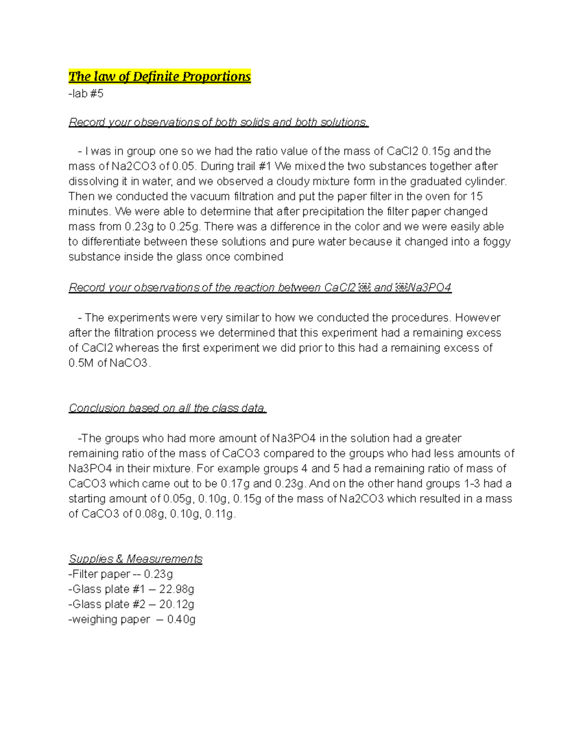 Chem 101 - Chem 101 Fall 2022 Semester - The law of Definite ...