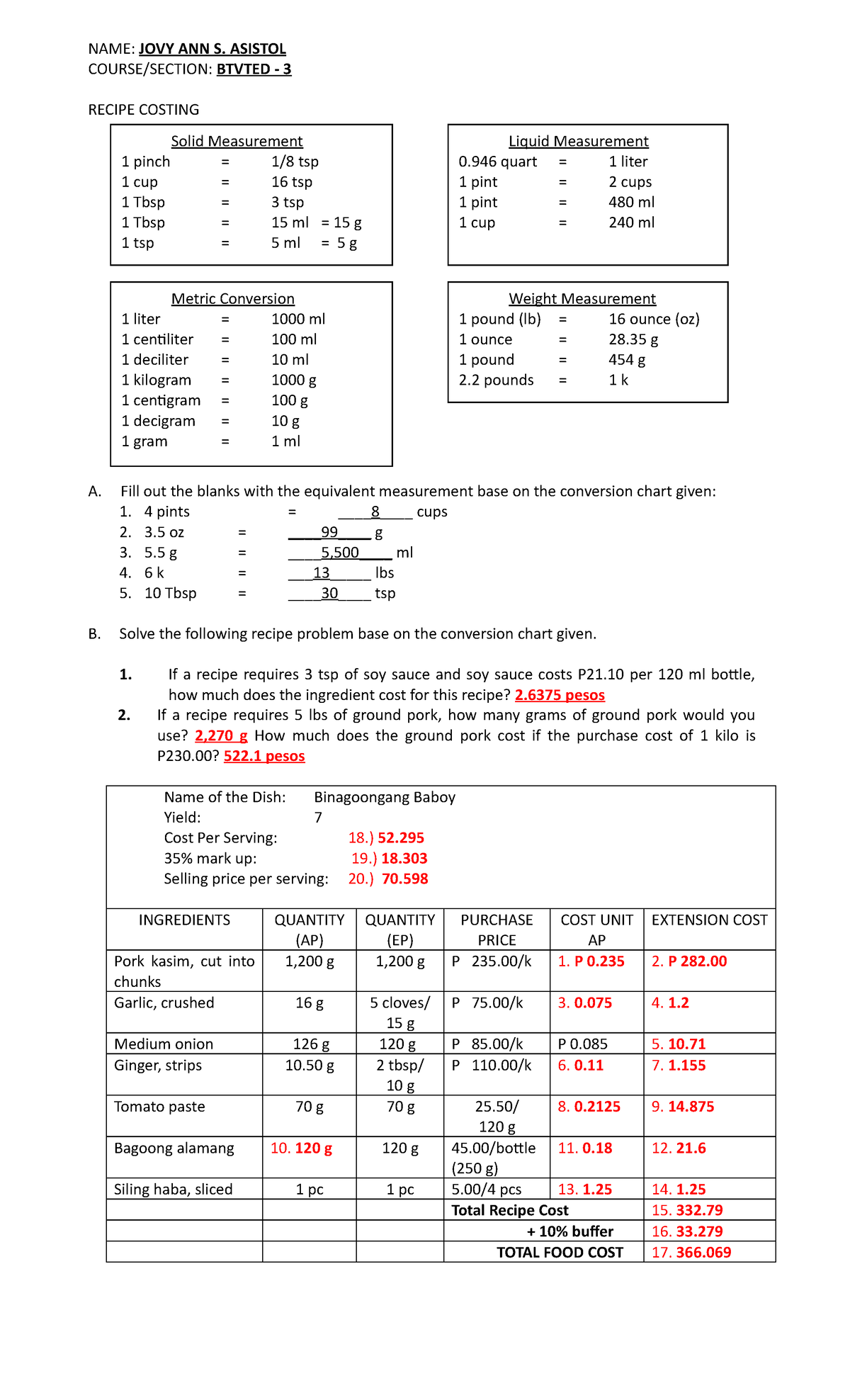 Exercise Recipe Costing- Asistol, JOVY ANN ( Btvted 3) - NAME: JOVY ANN ...