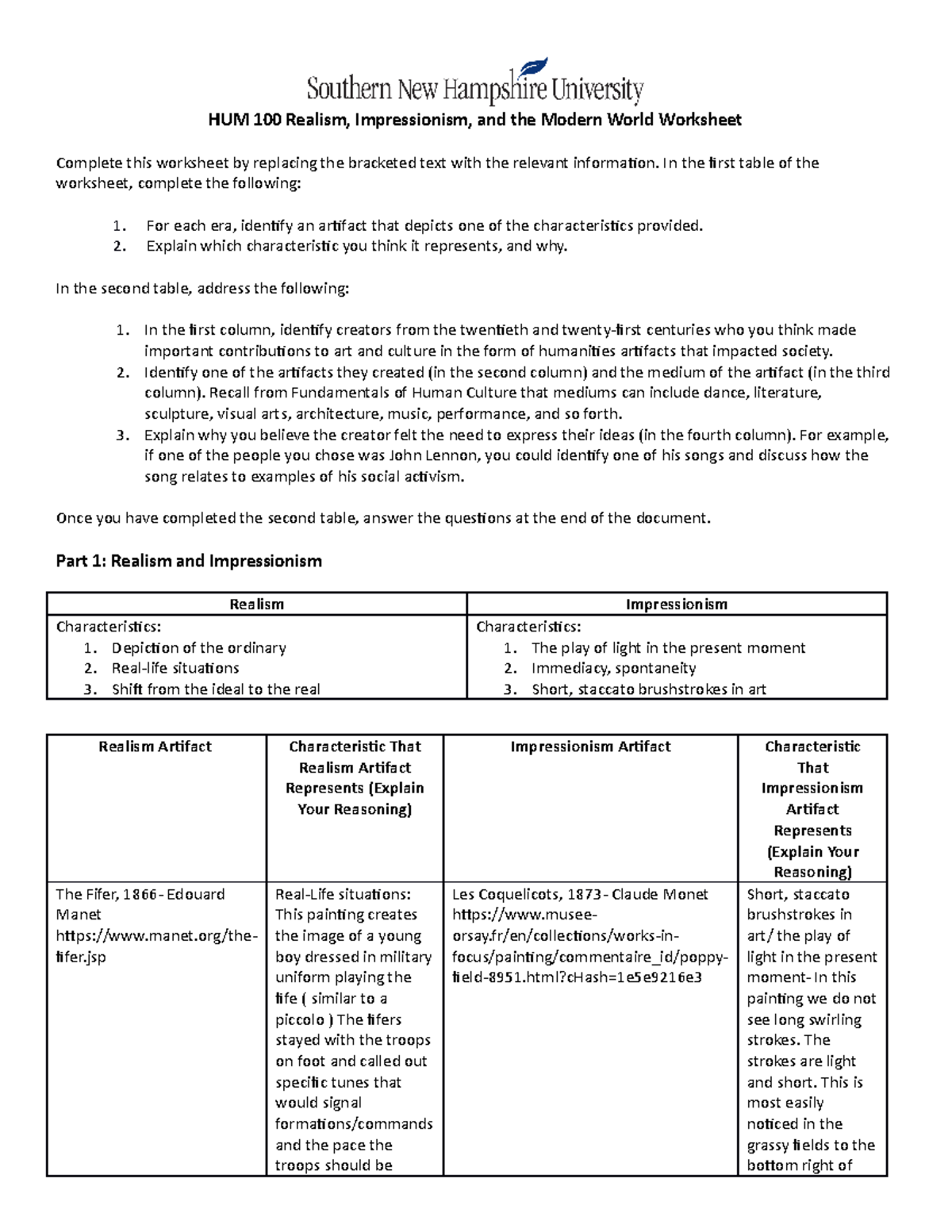 HUM 100 Realism Impressionism and the Modern World Worksheet - HUM 100 ...