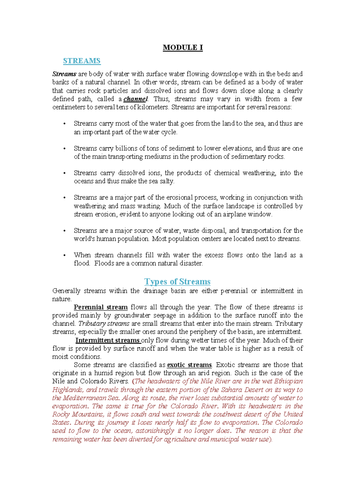 MOD I (stream) - MODULE I STREAMS Streams are body of water with ...