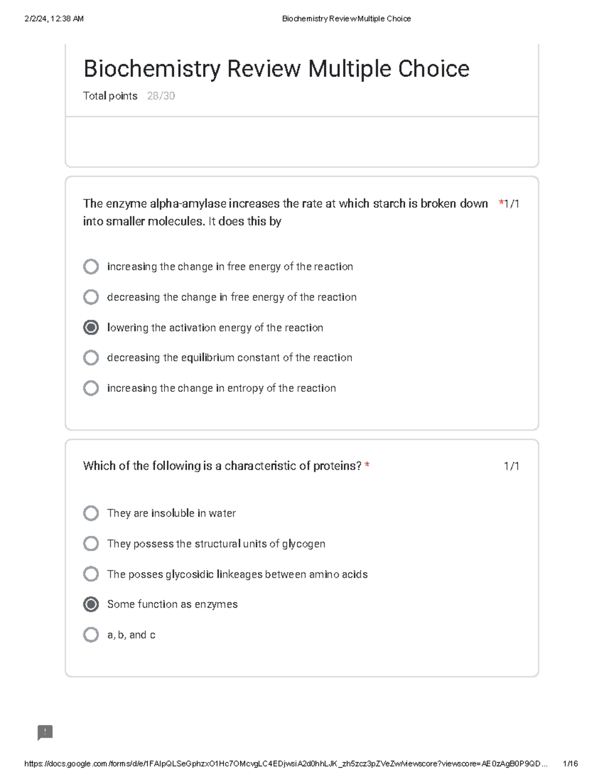 Biochemistry Review Multiple Choice with answers - - Studocu