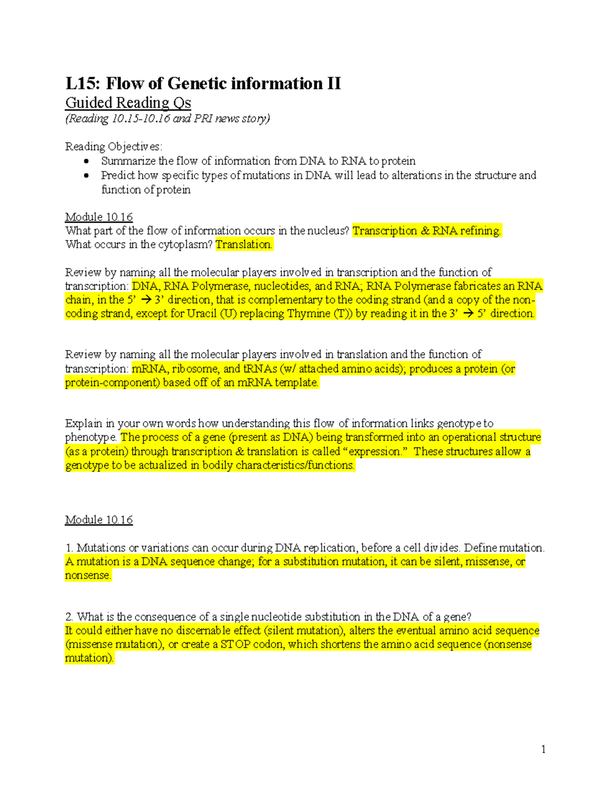 Lesson 14 GRQ's - UNC - 1 L15: Flow of Genetic information II Guided ...