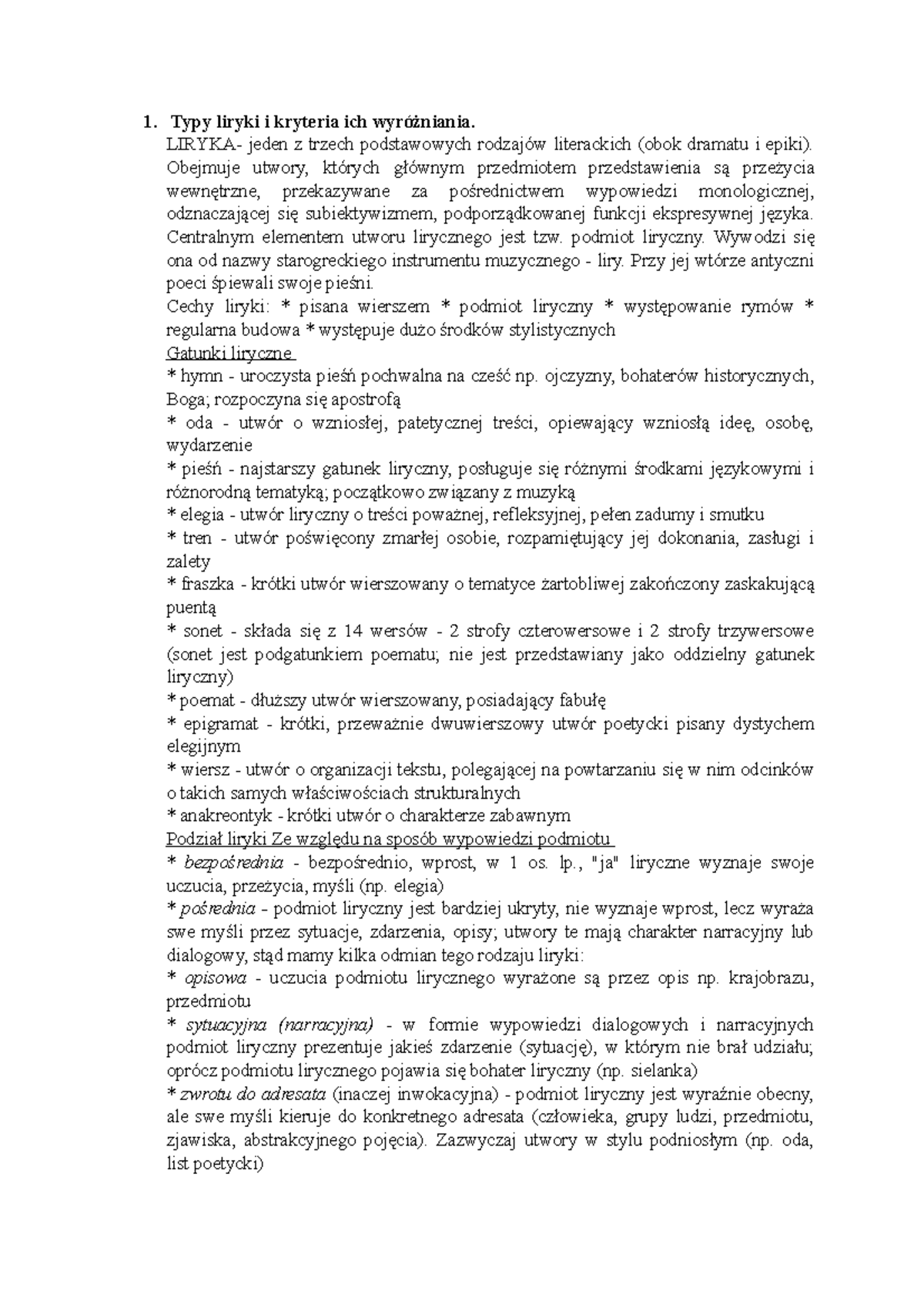 Liryka typy, notatka z rocznikow starszych - 1. Typy liryki i kryteria ...