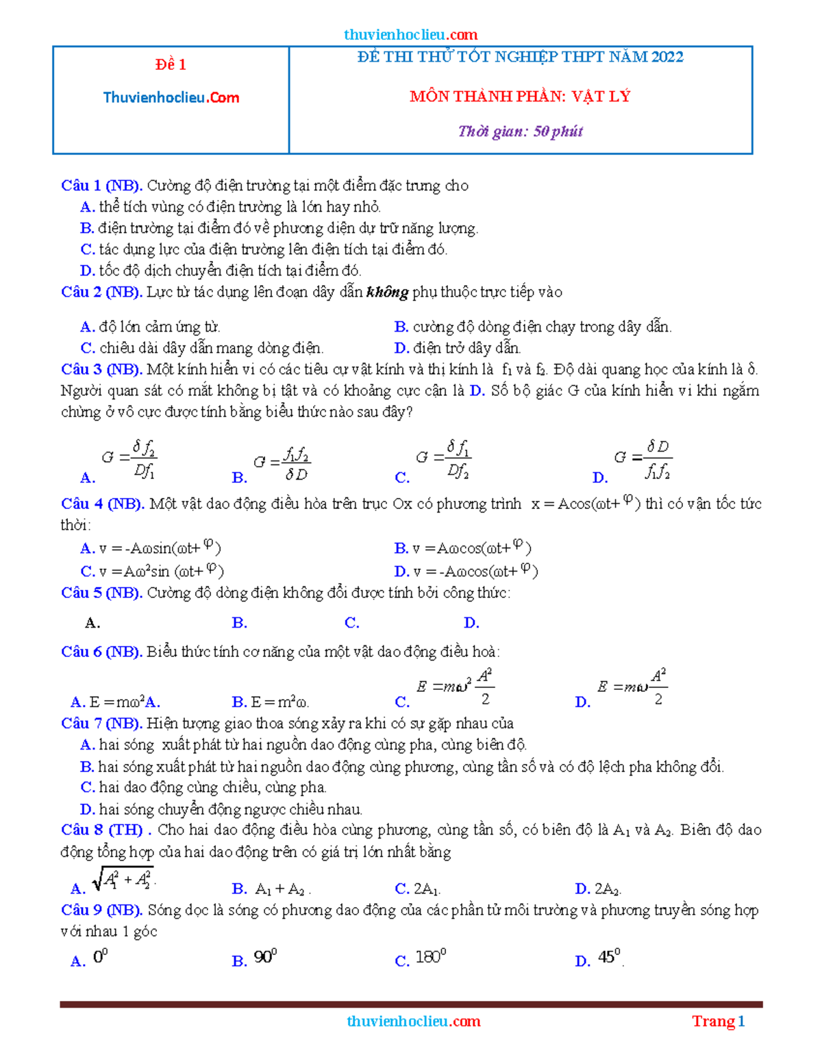 Thuvienhoclieu - 445 - Đề 1 ĐỀ THI THỬ TỐT NGHIỆP THPT NĂM 2022 Thuvienhoclieu MÔN THÀNH PHẦN ...